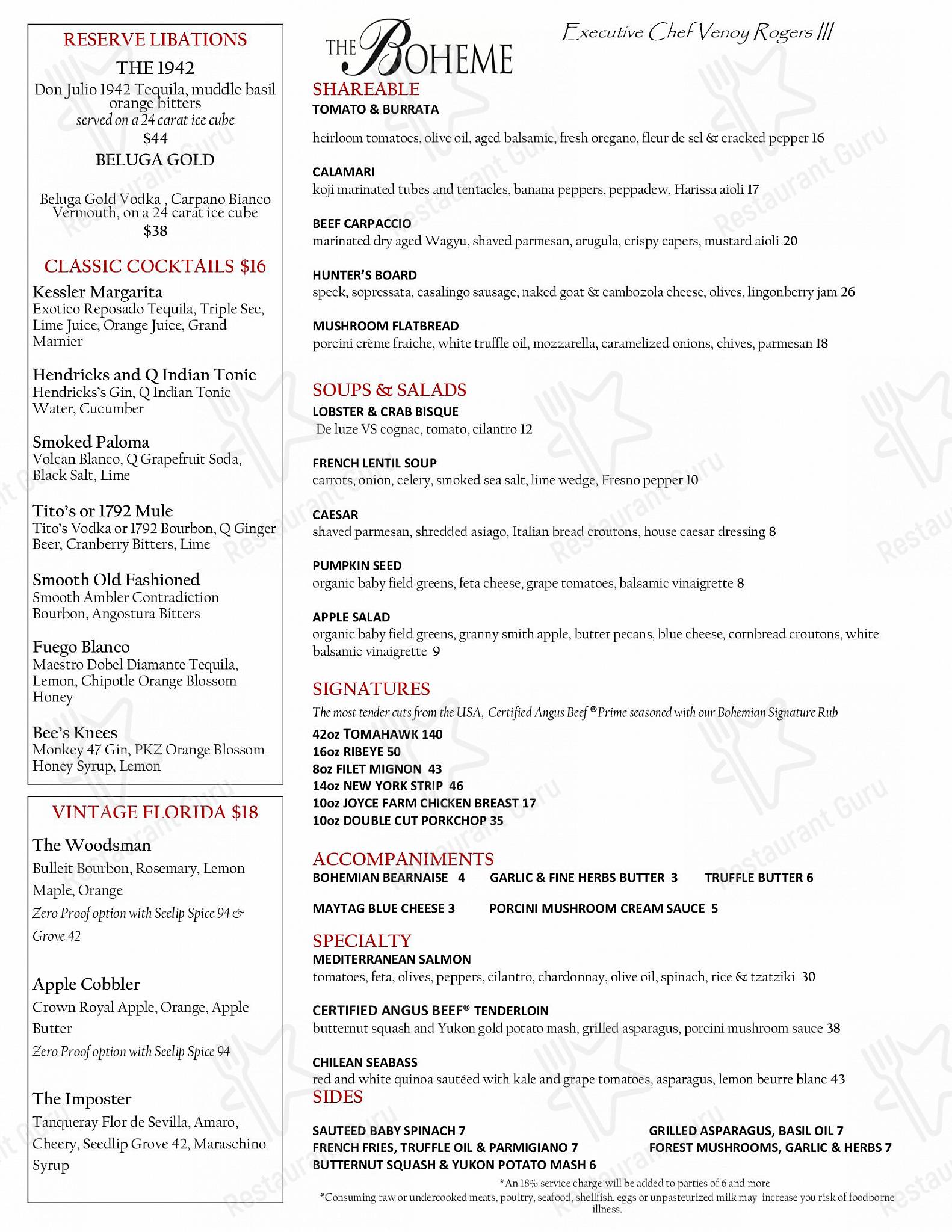 Menu at The Boheme pub & bar, Orlando, Grand Bohemian Hotel Orlando