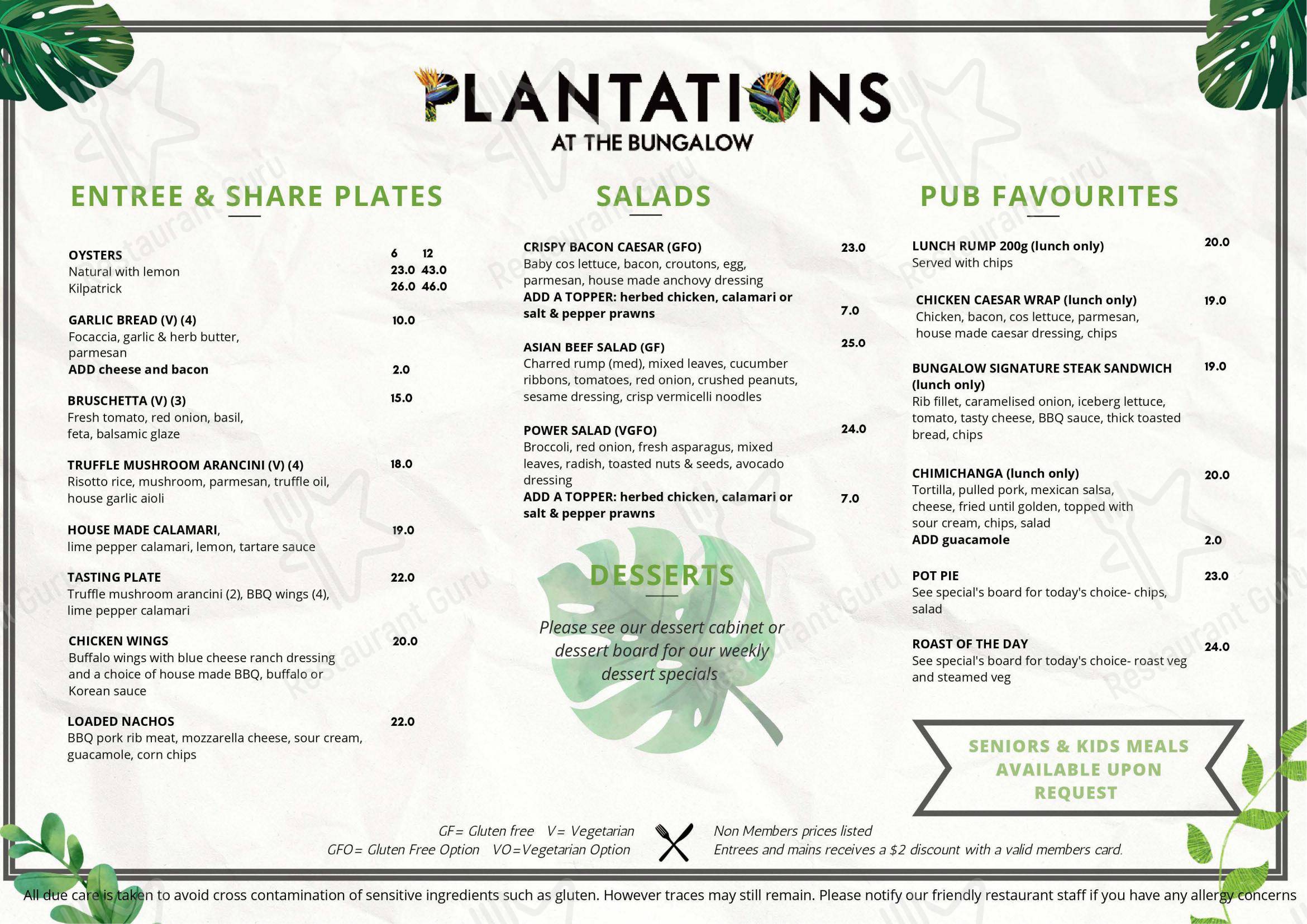 Menu at The Bungalow pub & bar, Cairns