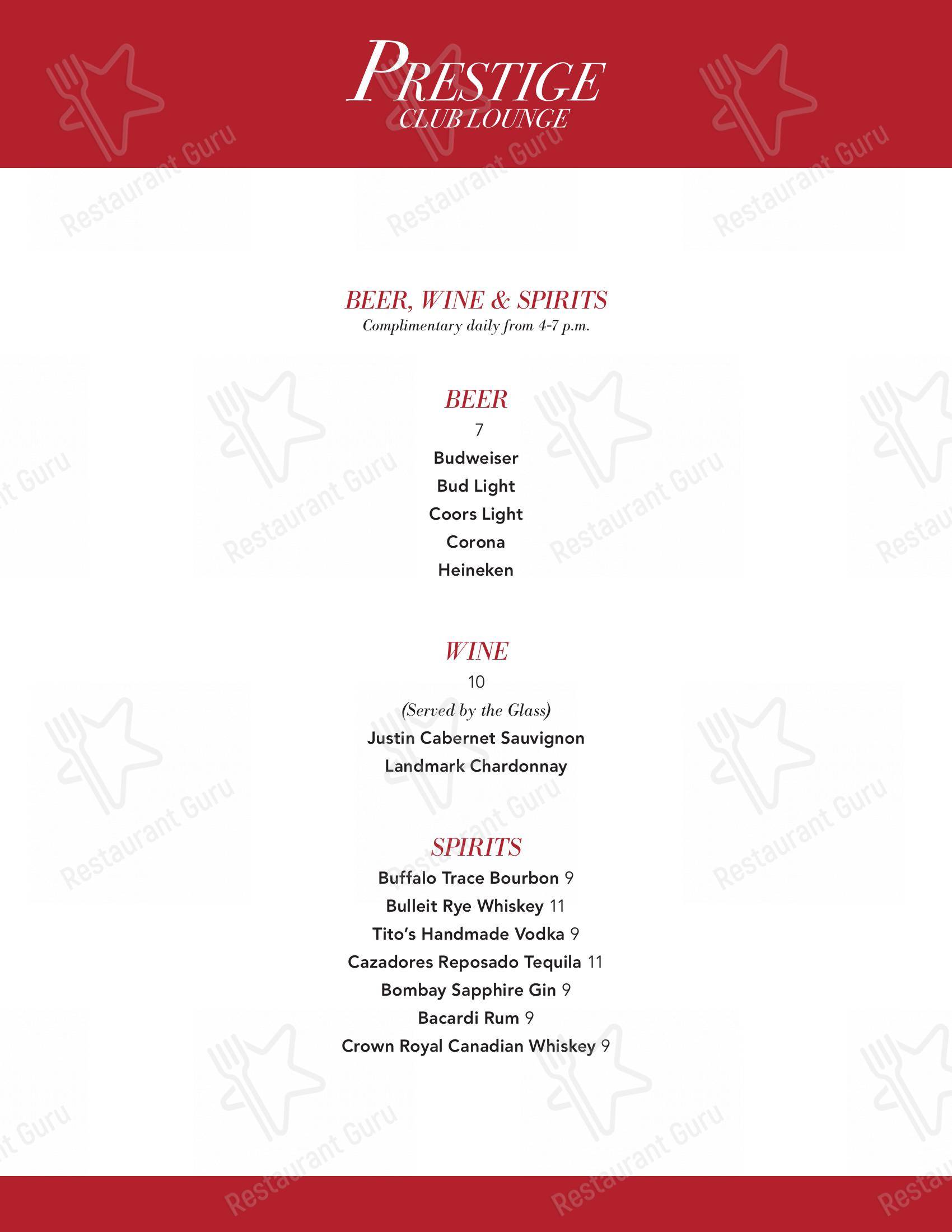 Carta del pub y bar Prestige Lounge, Las Vegas