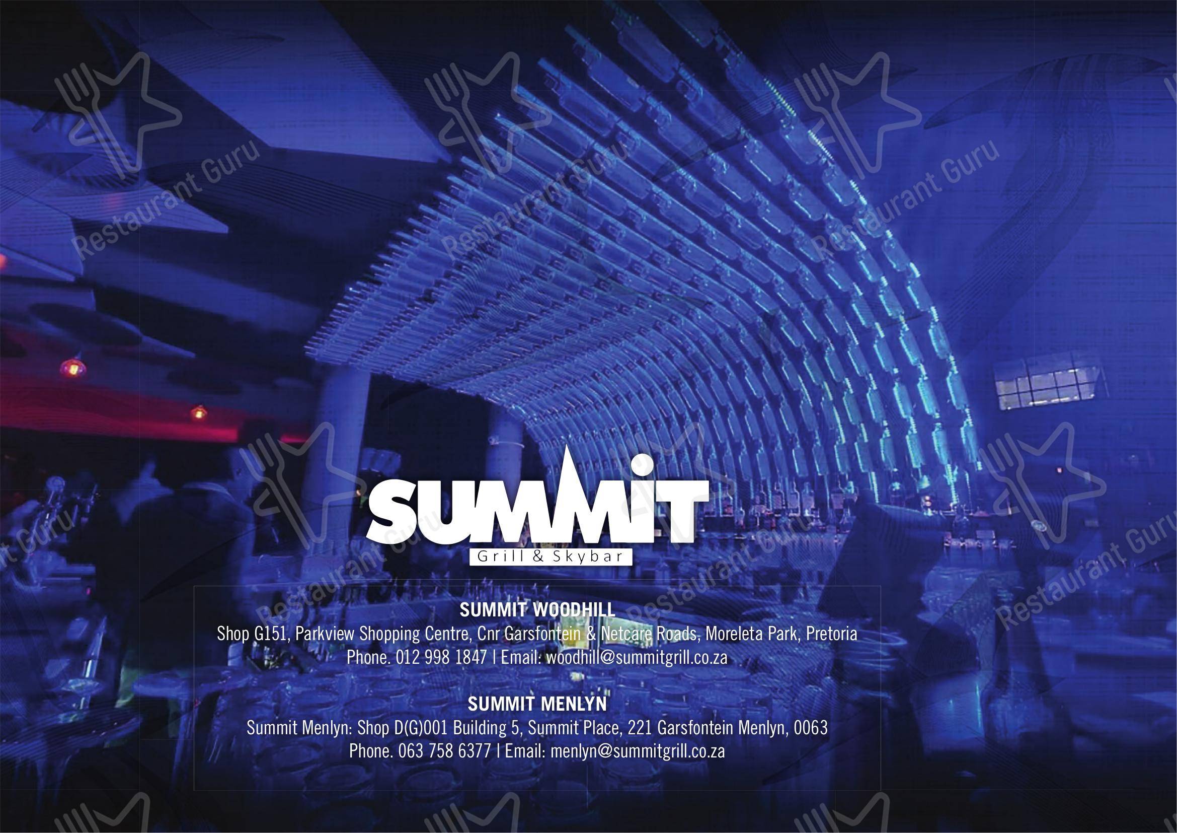 Menu at Summit Grill and Sky Bar Menlyn, Pretoria