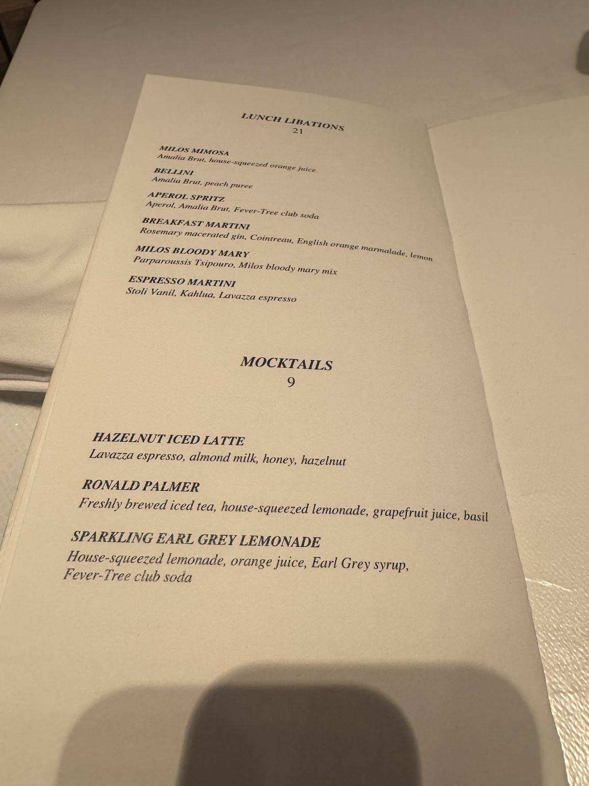 Menu at estiatorio Milos Las Vegas restaurant, Las Vegas, S Las Vegas Blvd