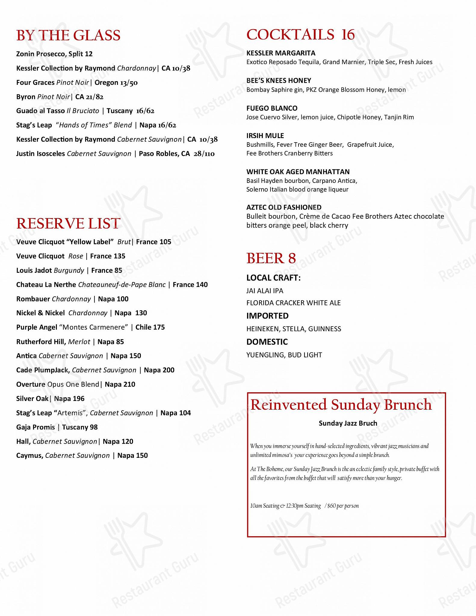 Menu at The Boheme pub & bar, Orlando, Grand Bohemian Hotel Orlando