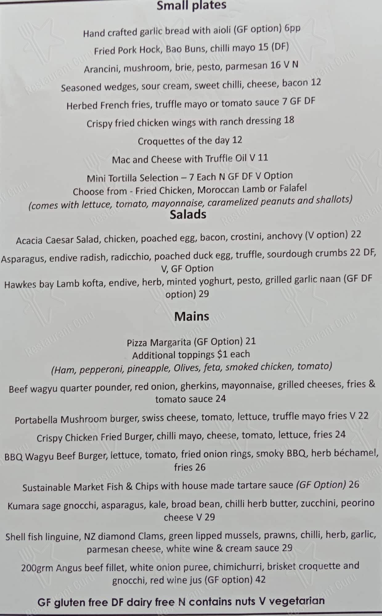 Menu at Acacia Restaurant & Garden Bar, Auckland