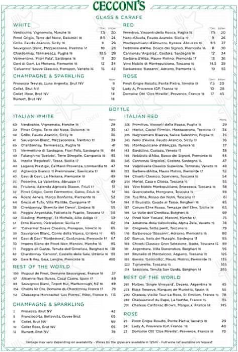 Menu at Cecconi's City of London restaurant, London, 27 Poultry