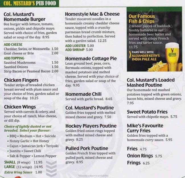Menu at Colonel Mustard's Pub & Grill, Port Perry
