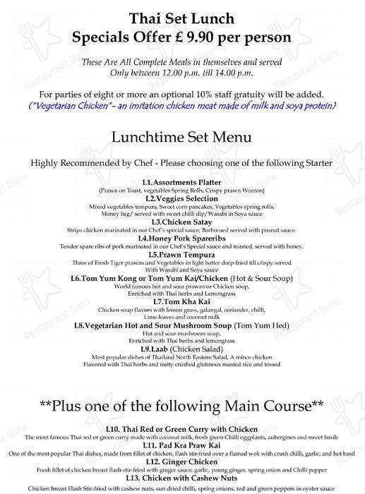 Menu at Dee Thai restaurant, Altrincham