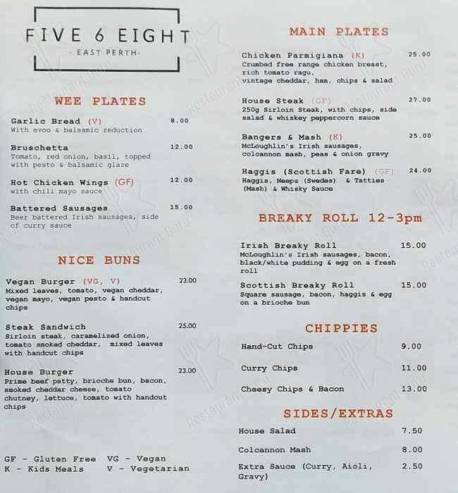 Menu at Five 6 Eight Bar East Perth, East Perth