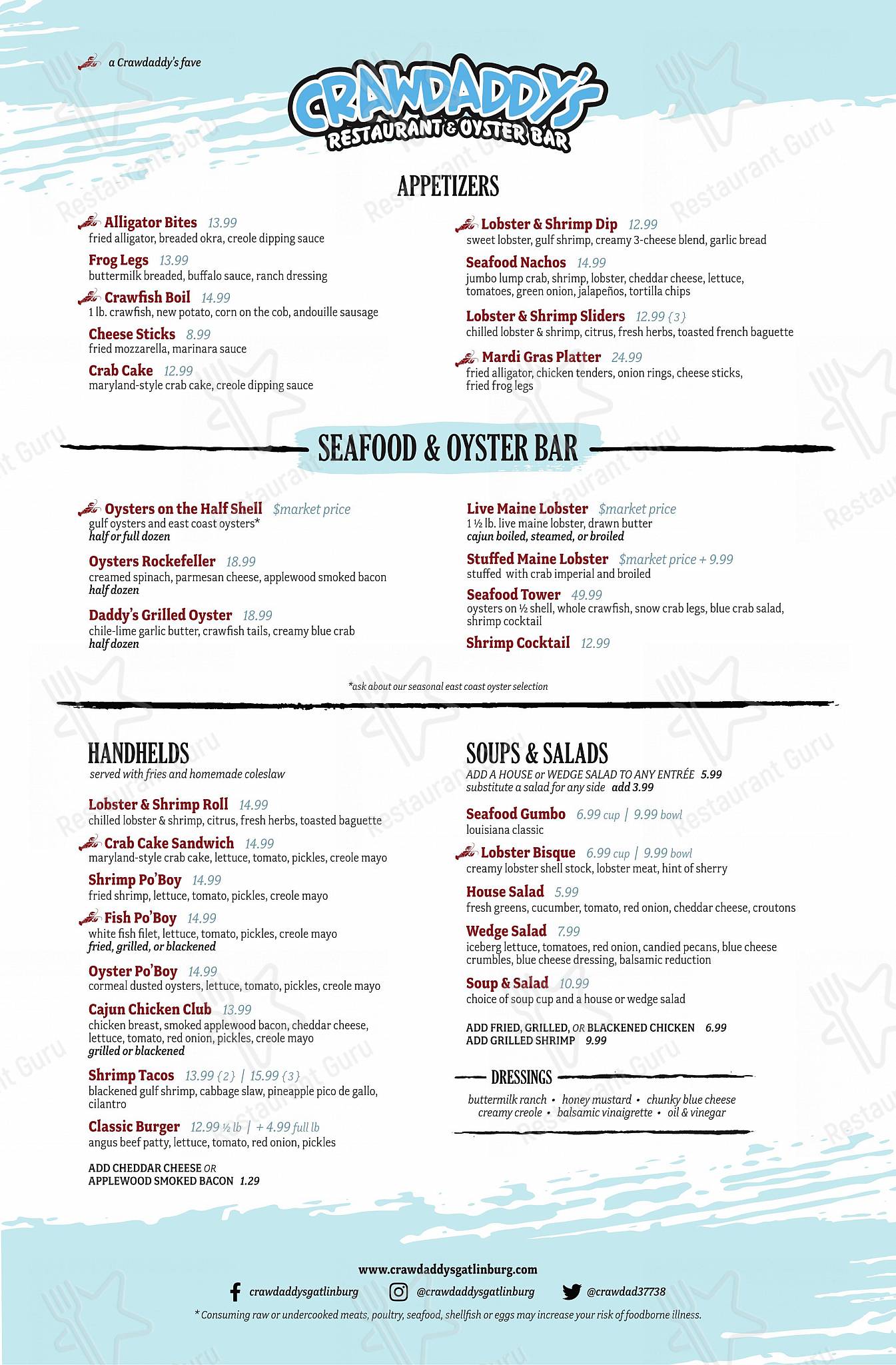 Menu at Crawdaddy’s Restaurant & Oyster Bar, Gatlinburg, 762 Parkway #5