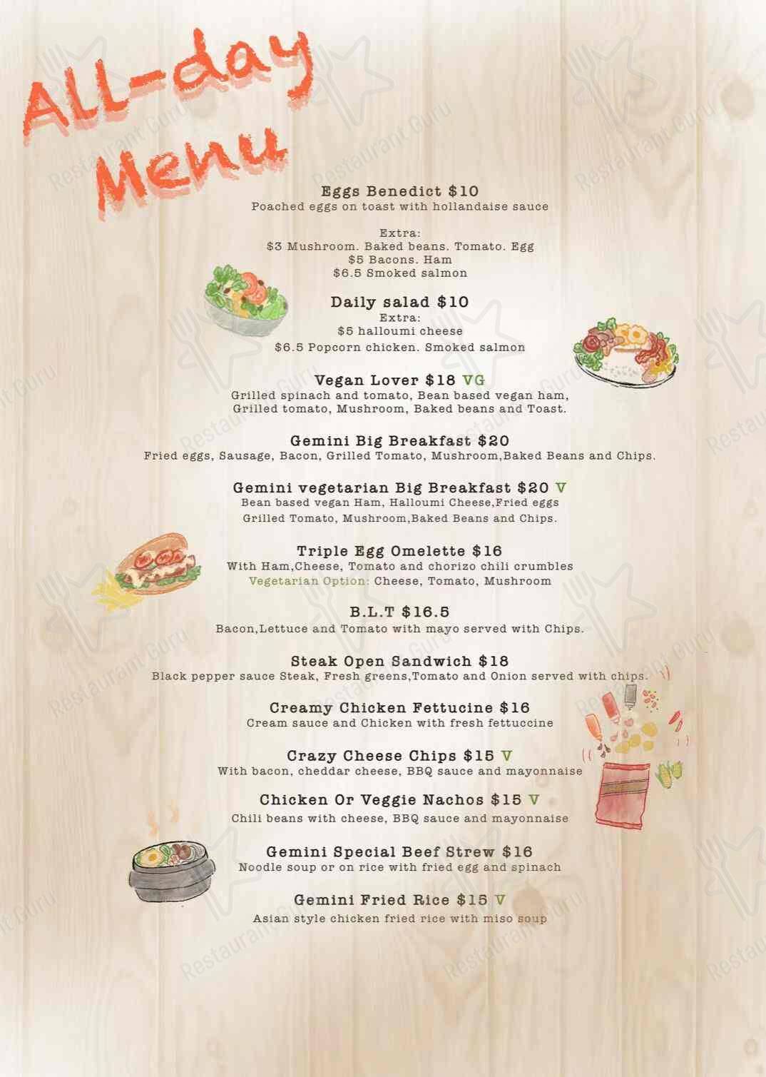 Menu at Gemini Cafe & Eatery, Wellington