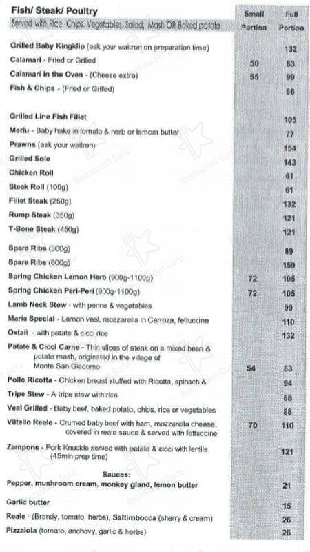 Menu at Gino's restaurant, Stellenbosch, De Kelder