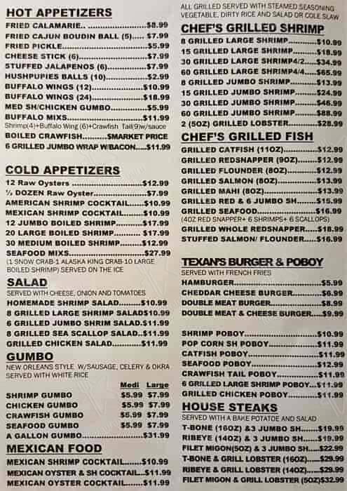 Menu at Lake Jackson Seafood restaurant, Lake Jackson, 466 Plantation Dr