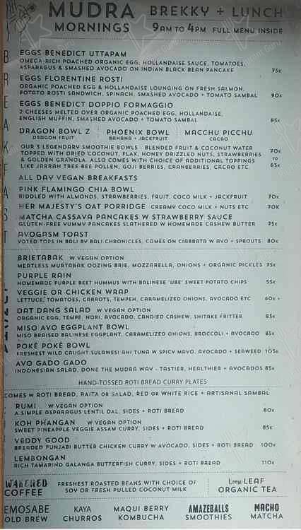 Menu at Mudra Cafe, Ubud