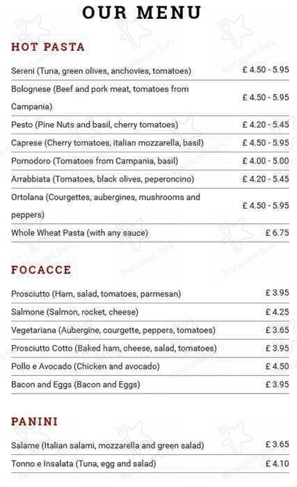 Menu at Pasta Sereni fast food, London