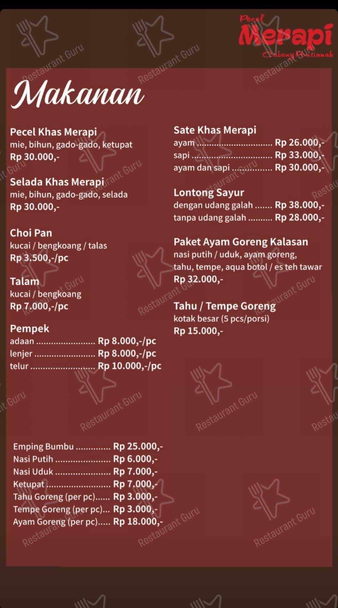 Menu at Pecel Merapi Cabang Pontianak restaurant, North Jakarta