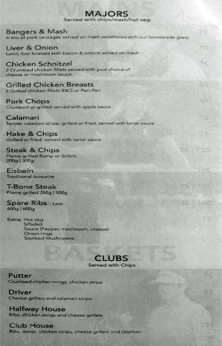 Menu at Pitch & Putter restaurant, Cape Town