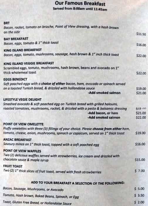 Menu at Point of View restaurant, Wellington Point