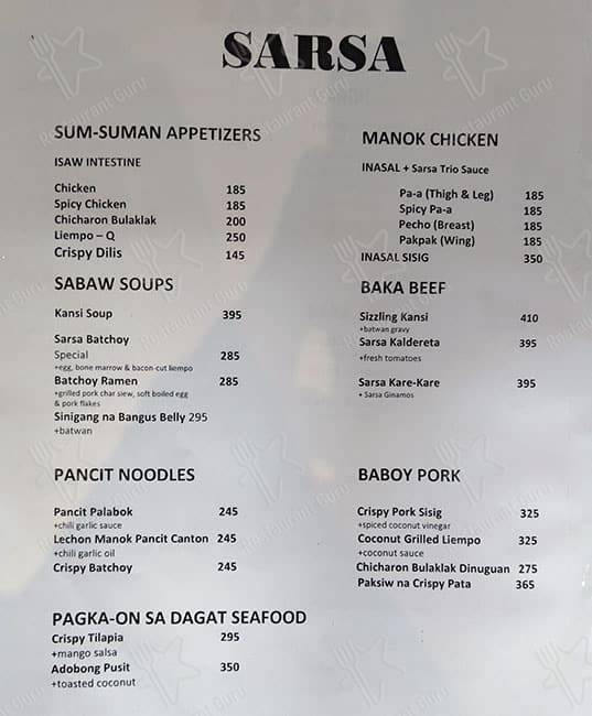 Menu at Sarsá Kitchen + Bar, Makati, 109 Rada