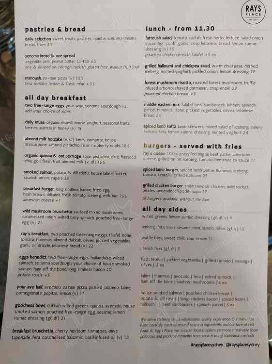 Menu at Ray's Place restaurant, North Willoughby