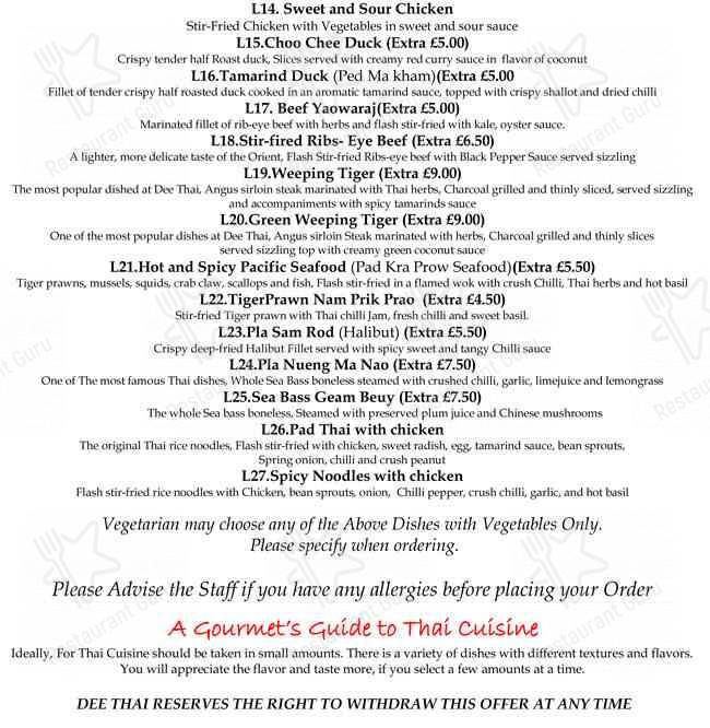 Menu at Dee Thai restaurant, Altrincham