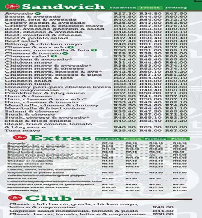 Menu at Sandwich Baron, Johannesburg, Stiemens Street