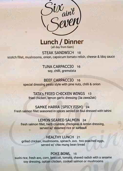 Menu at Six Ain't Seven cafe, North Parramatta