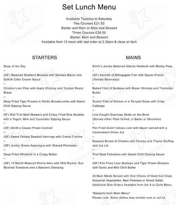 Menu at Smith's of Wapping restaurant, London, 22 Wapping High St