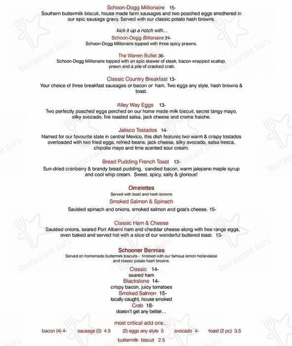 Menu at The Schooner Restaurant, Tofino