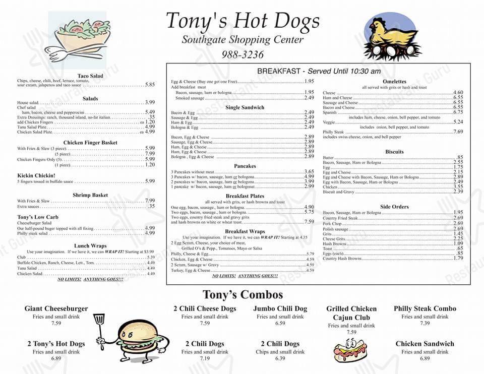 Menu at Tony's Hot Dogs restaurant, Birmingham