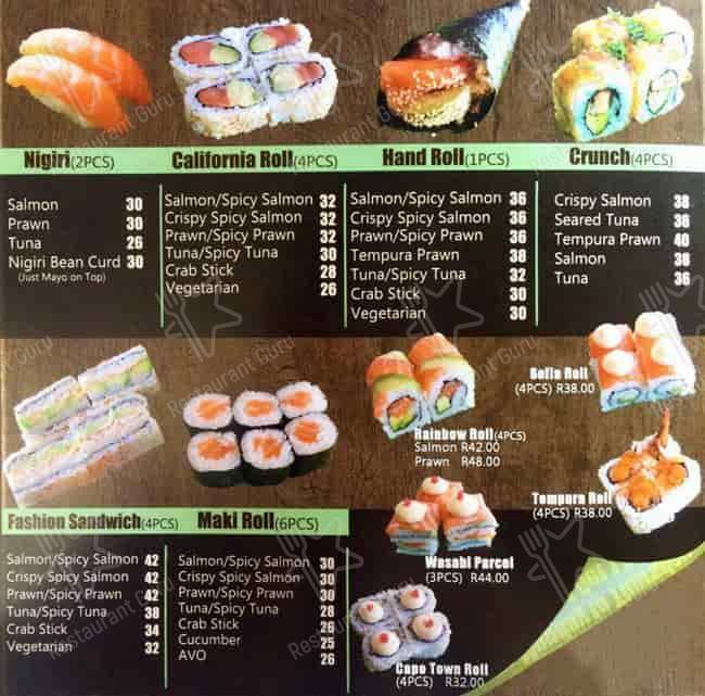 Menu at Wason Chinese Sushi restaurant, Cape Town