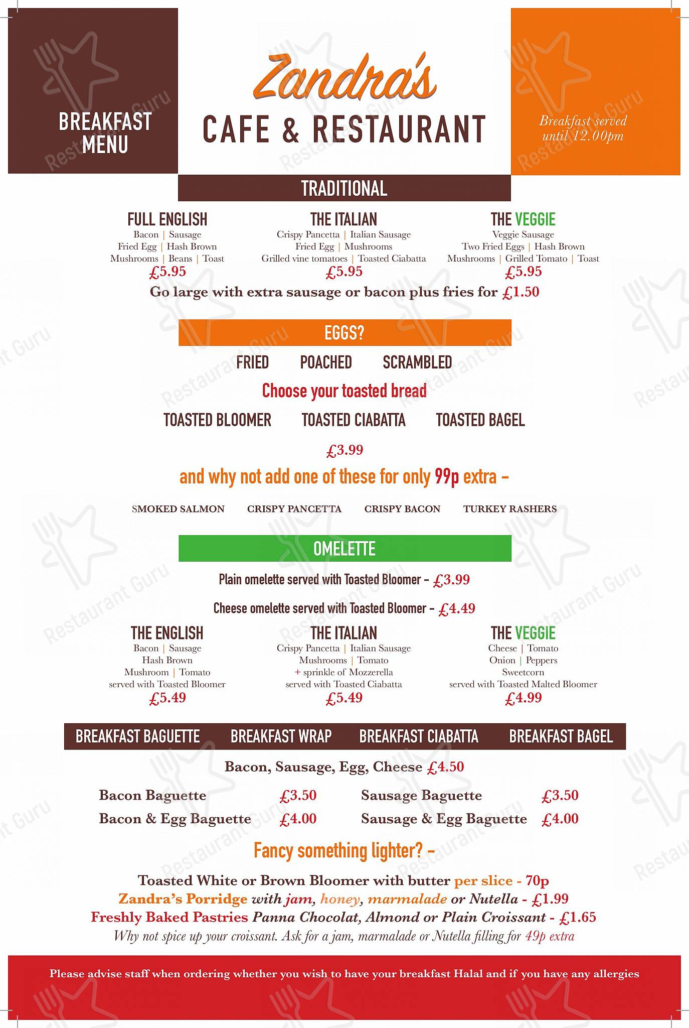 Menu at Zandra's Bar and Restaurant, Luton