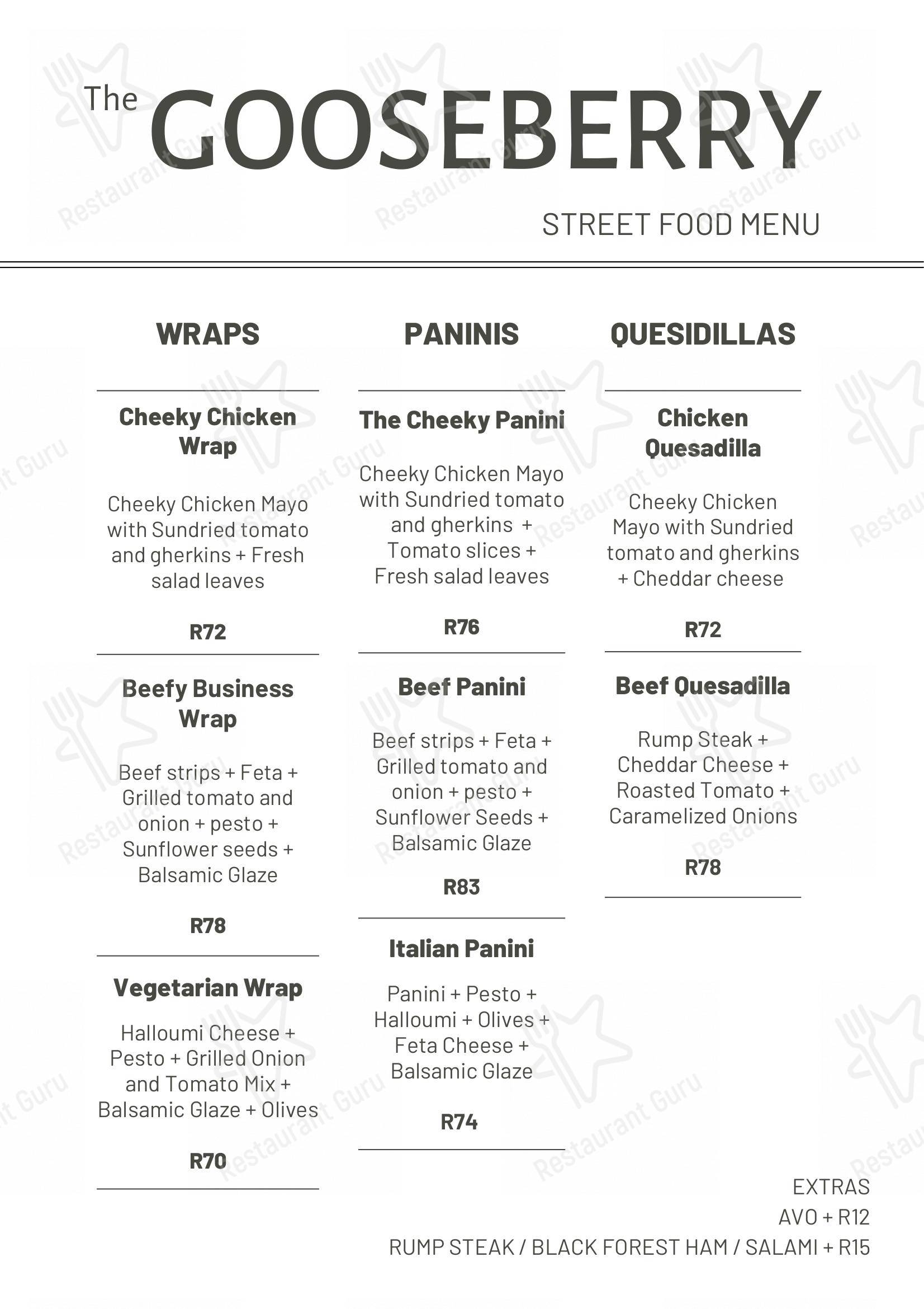 Menu au The Gooseberry Coffee Studio café, Johannesburg
