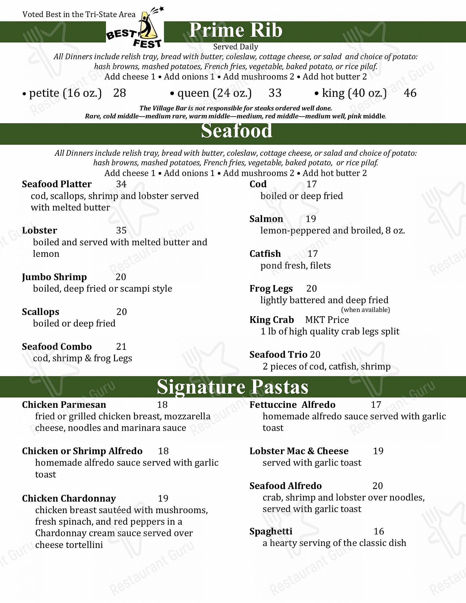Menu at Village Bar Supper Club, Kieler, County HHH