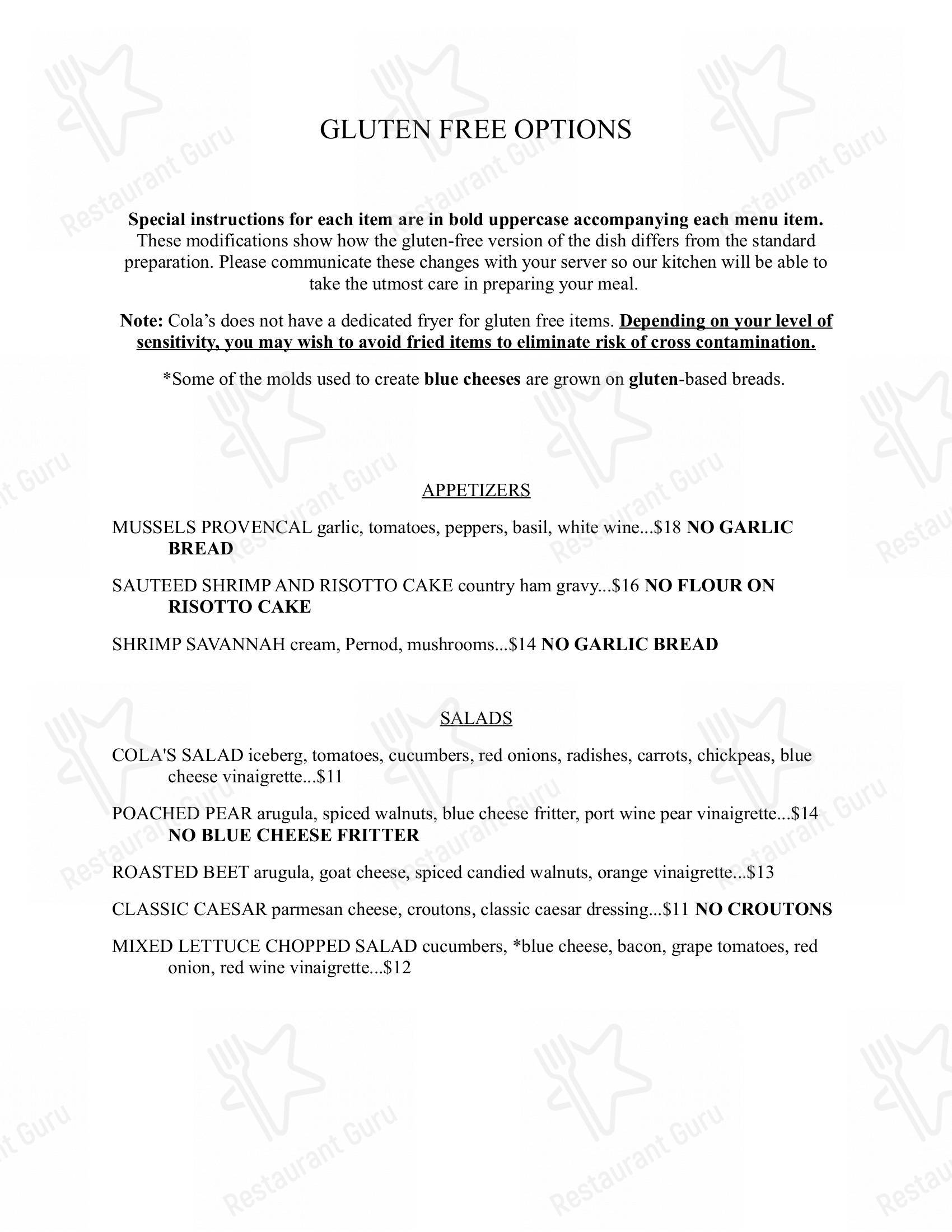 Menu at Cola's Restaurant, Columbia