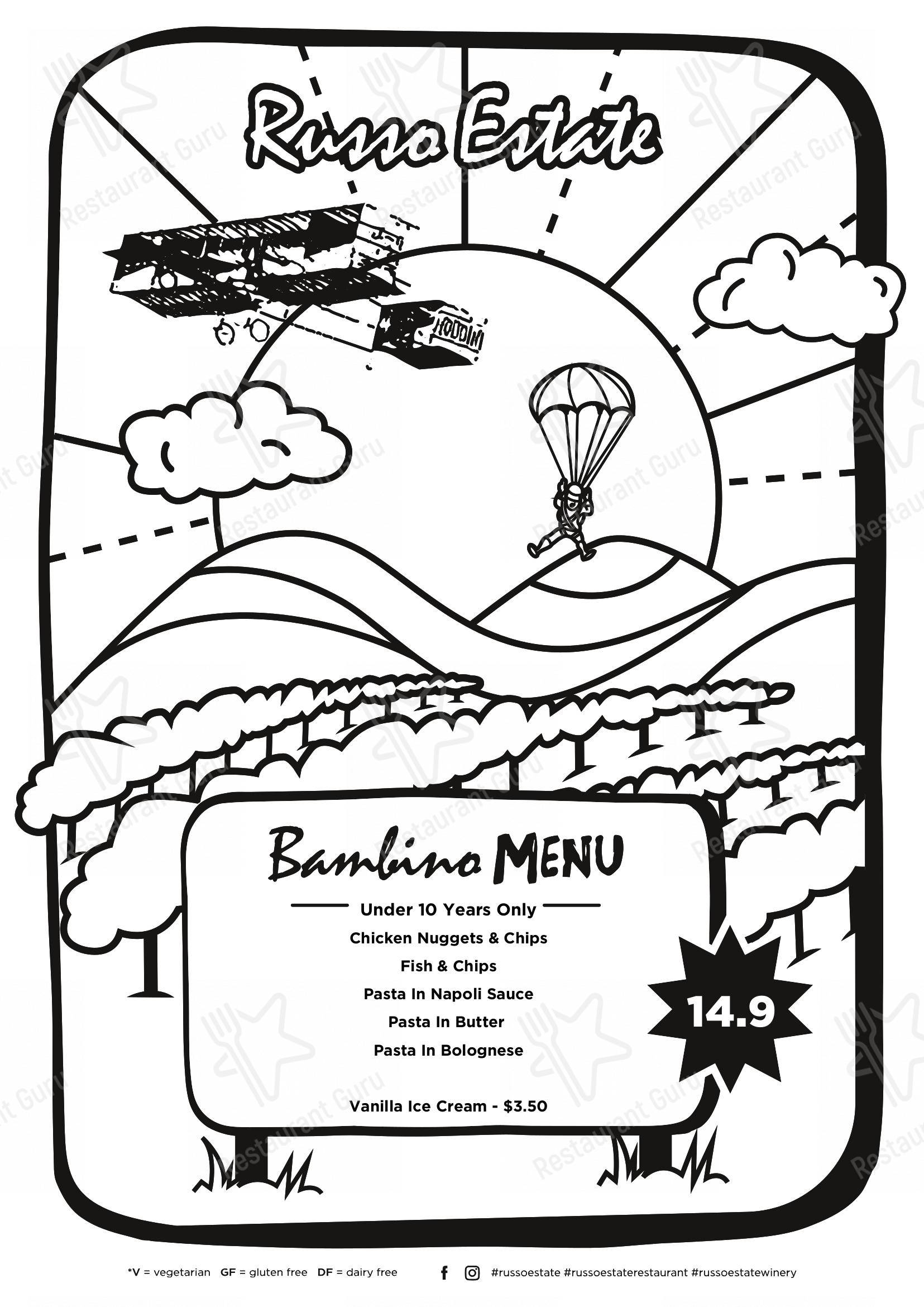 Menu at Russo Estate Winery restaurant, Diggers Rest