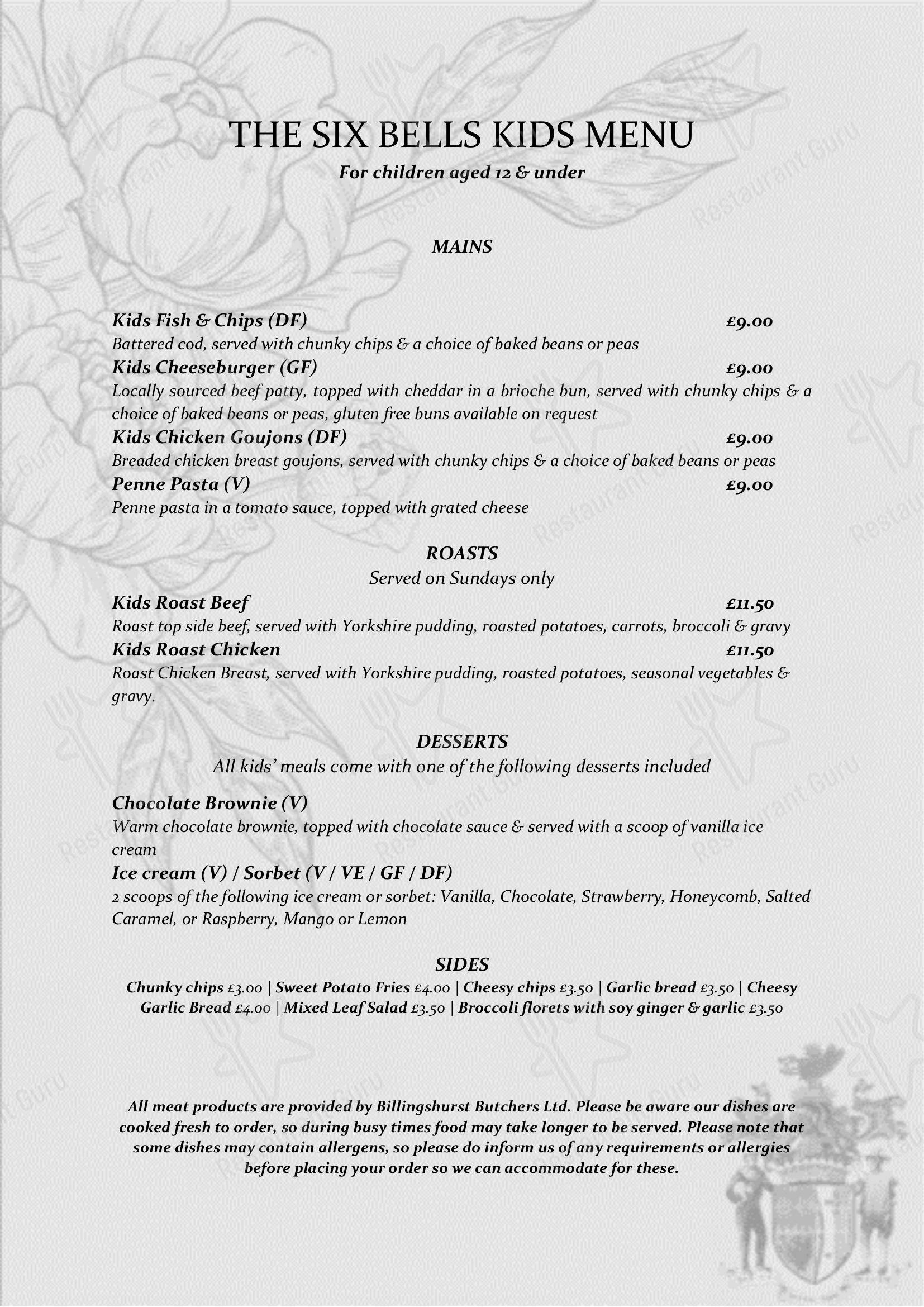 Menu at The Six Bells pub & bar, Billingshurst