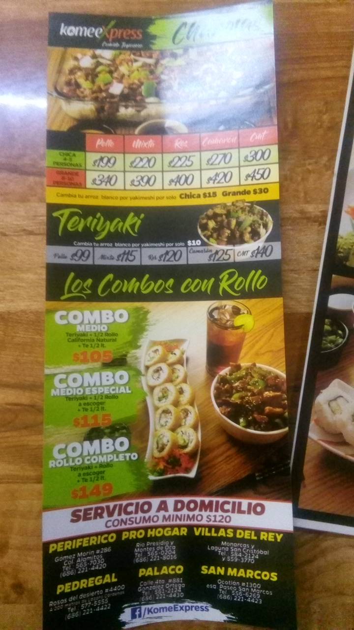 Carta del restaurante kome express, Mexicali, Manuel Gómez Morin y o ...