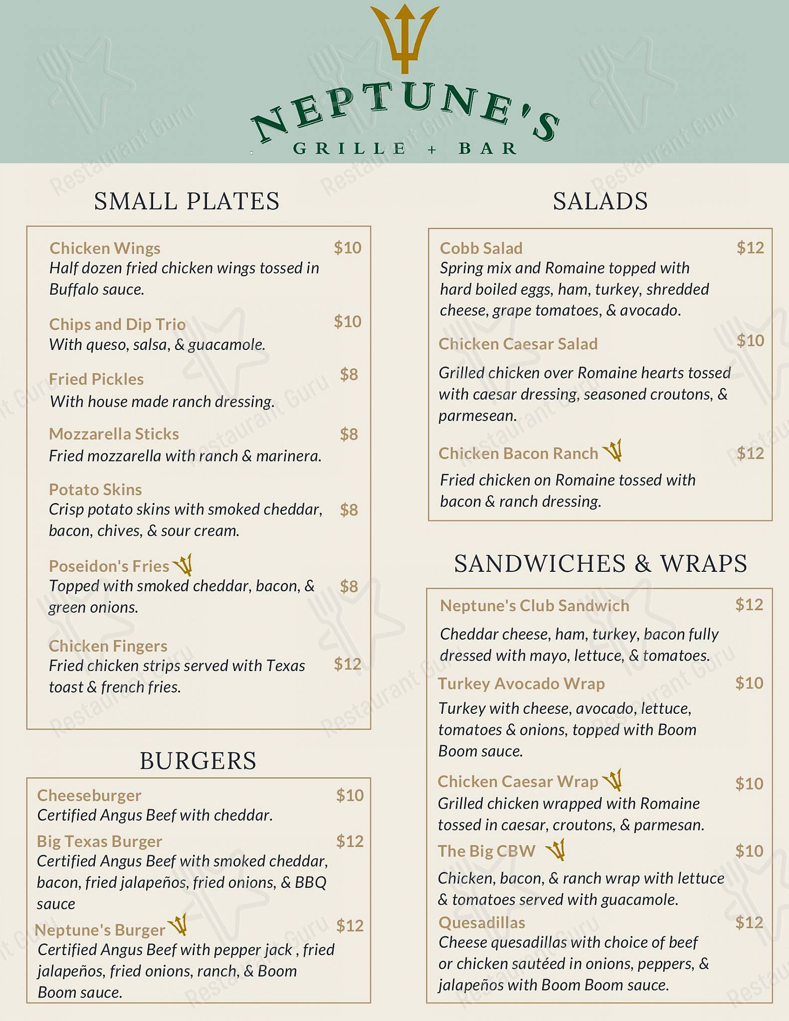 Carta de Neptunes's Grille + Bar, Clarksville City