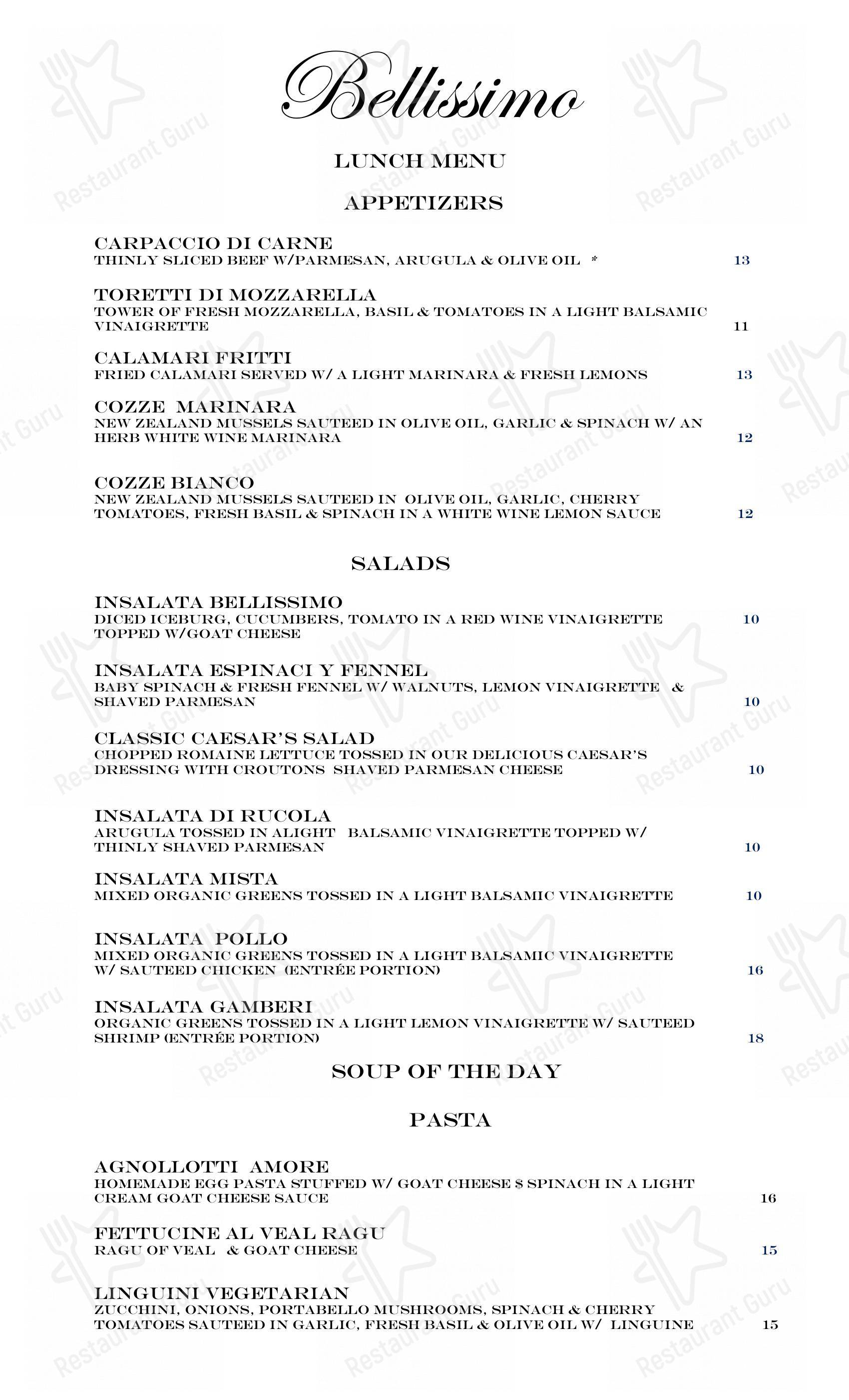 Menu at Bellissimo Restaurant, Fairfax