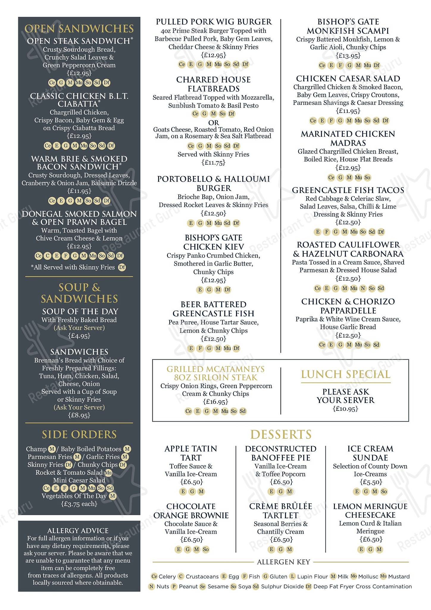 Menu at Bishop's Gate Hotel Derry restaurant, Londonderry
