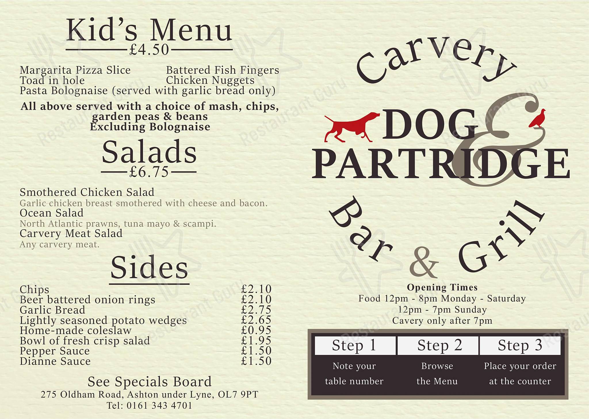 Menu at Dog and Partridge pub & bar, Ashton-under-Lyne, 275 Oldham Rd