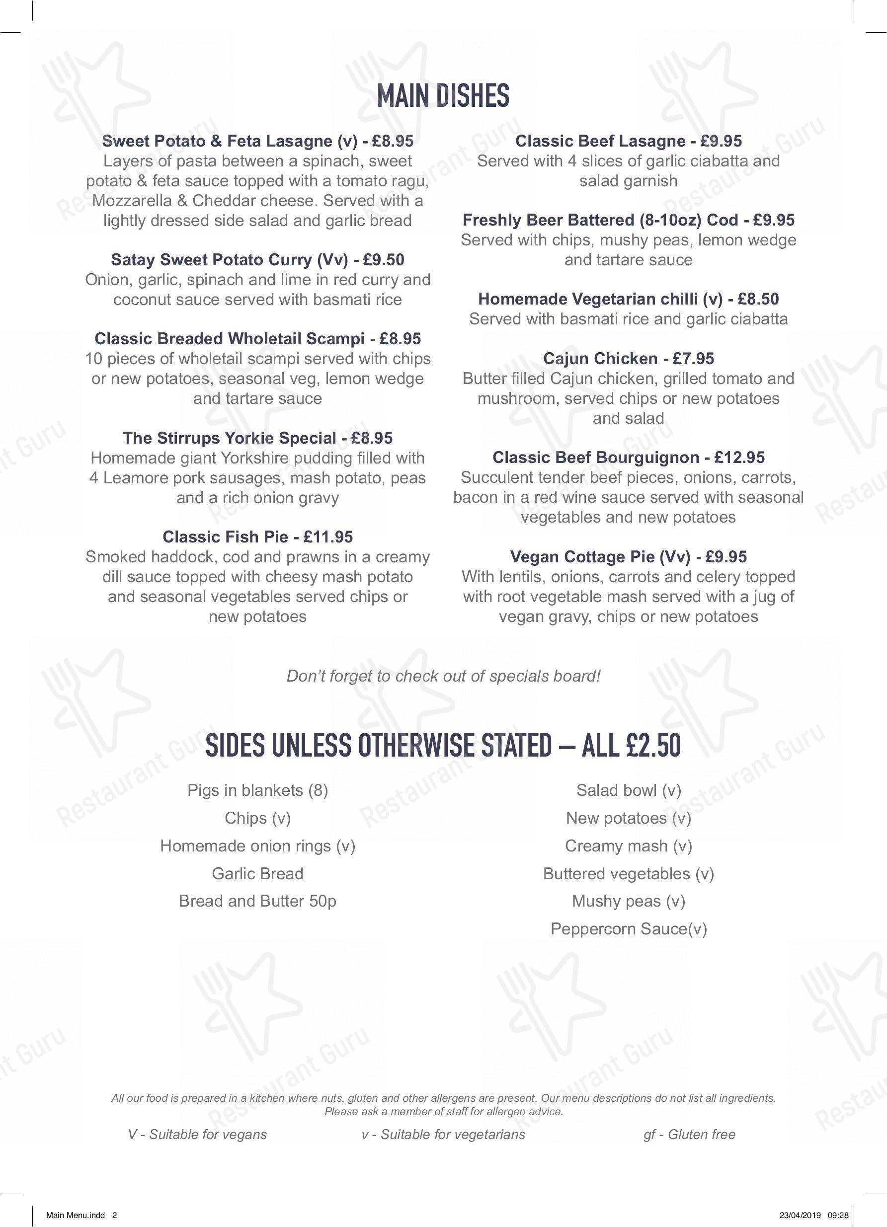 Menu at The Three Stirrups pub & bar, Brewood