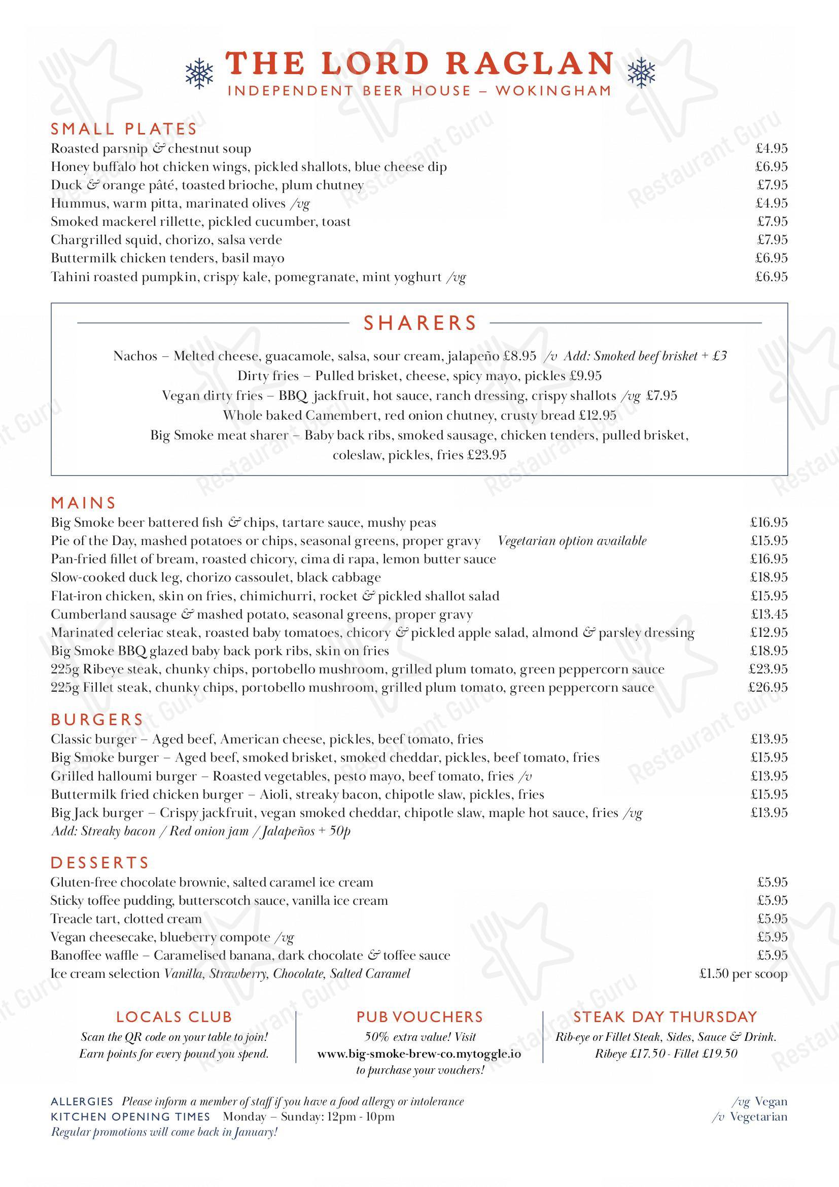 Menu at The Lord Raglan pub & bar, Wokingham, 30 Denmark St