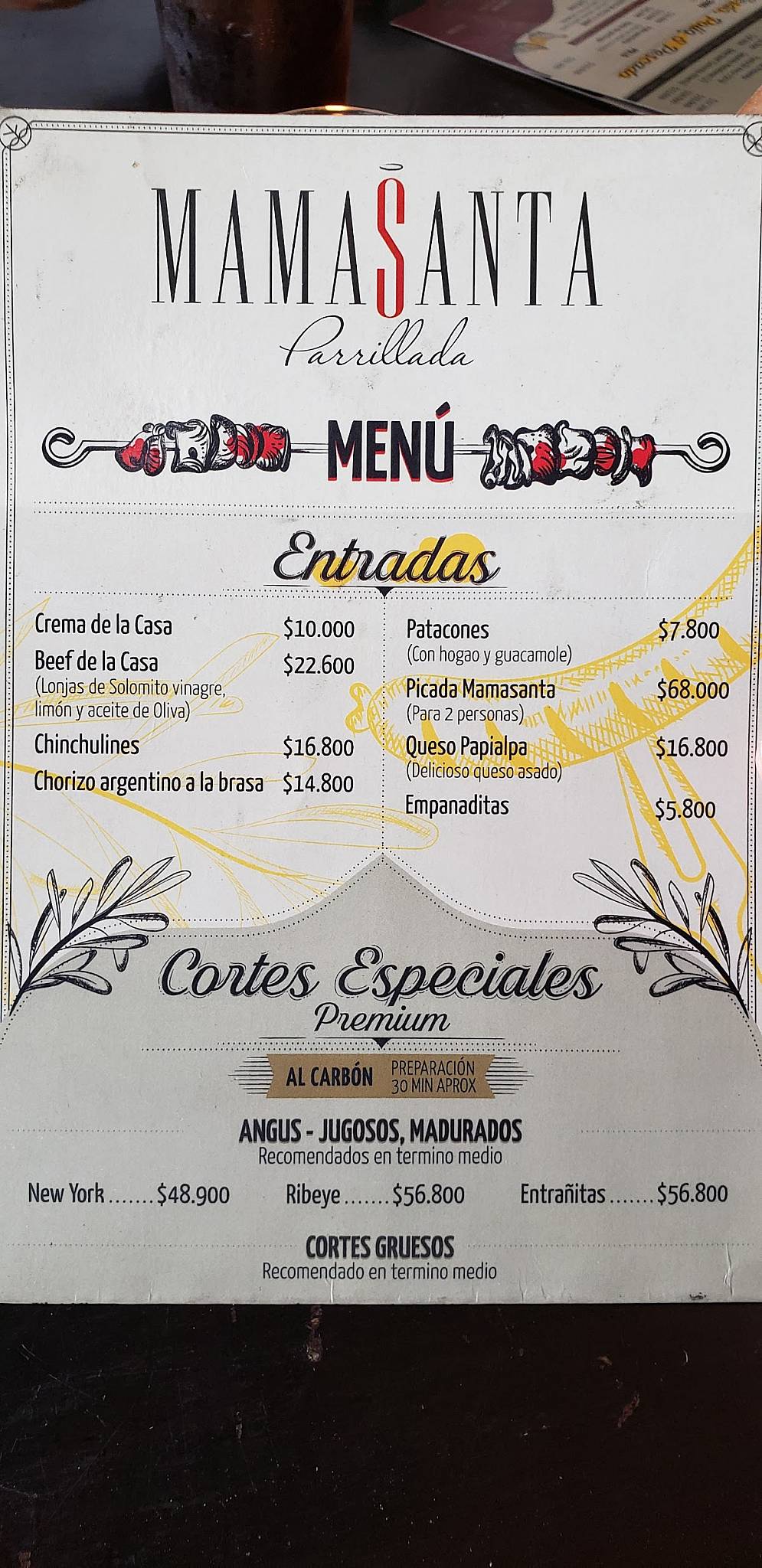 Carta de Mamasanta parrilla, Sabaneta