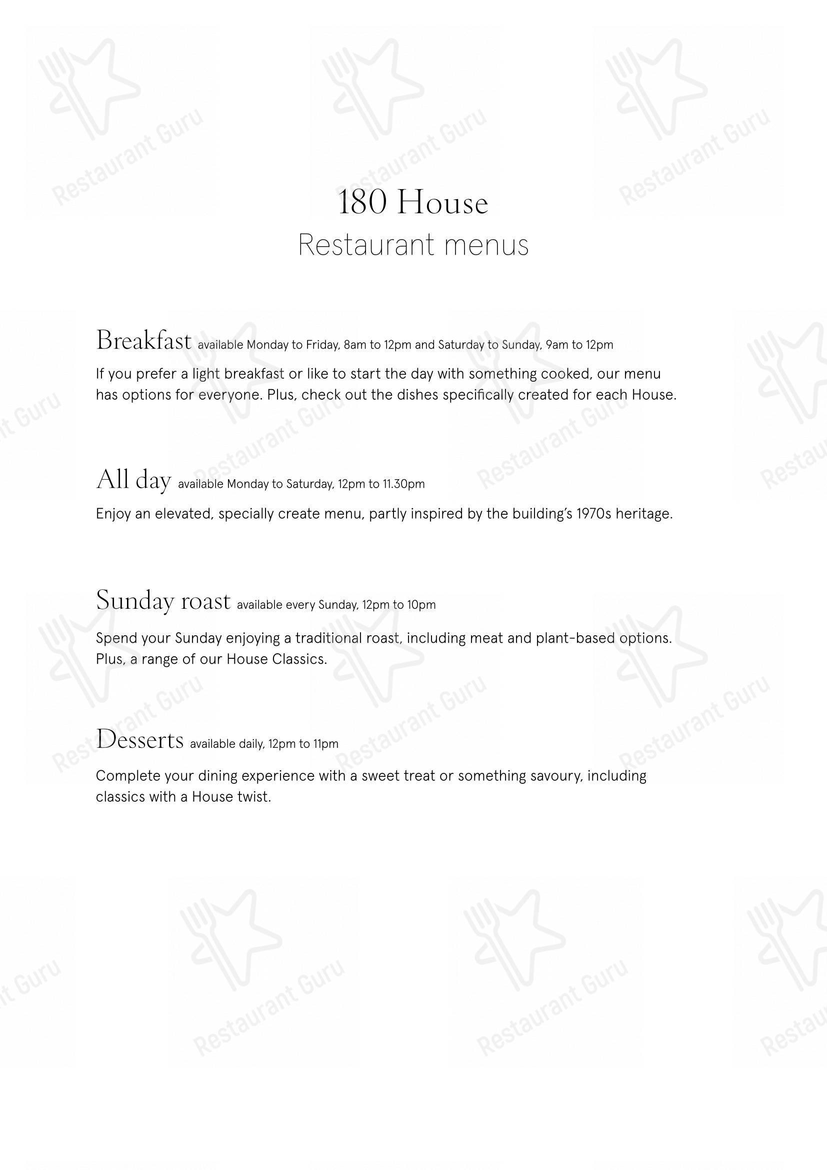 Menu at 180 House club, London