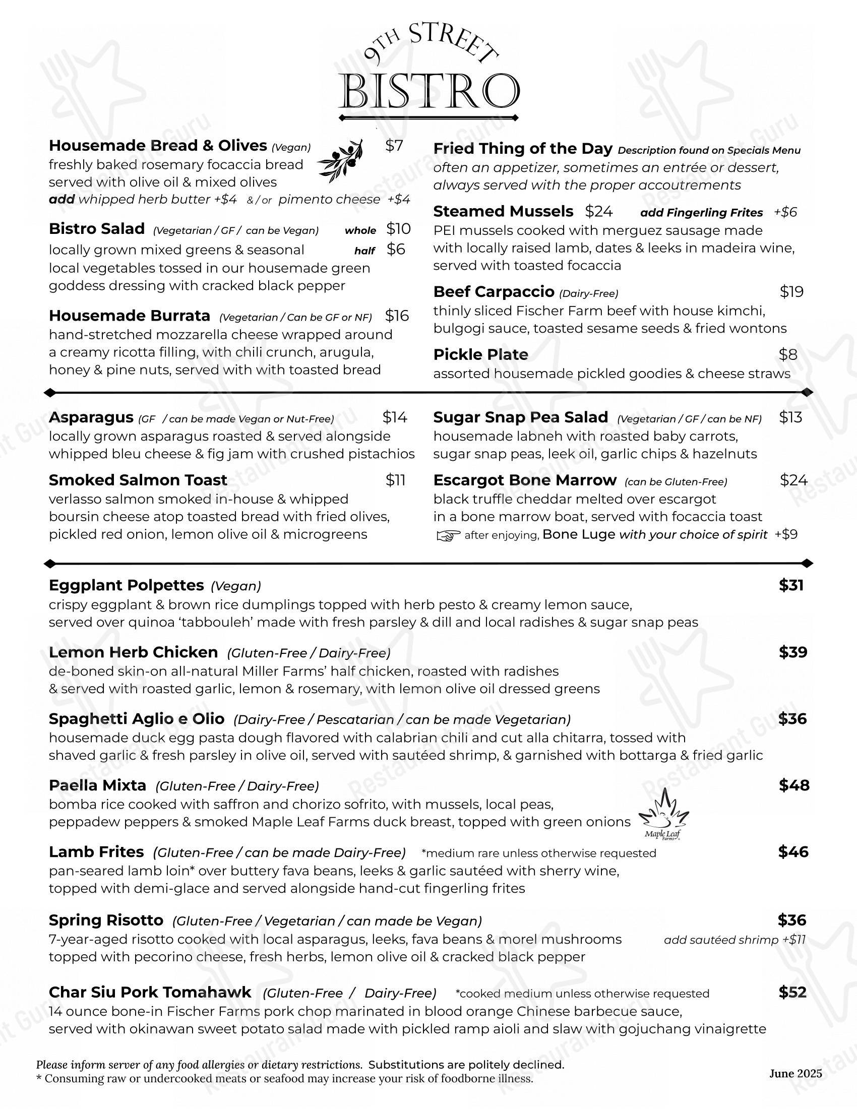 Menu at 9th Street Bistro restaurant, Noblesville