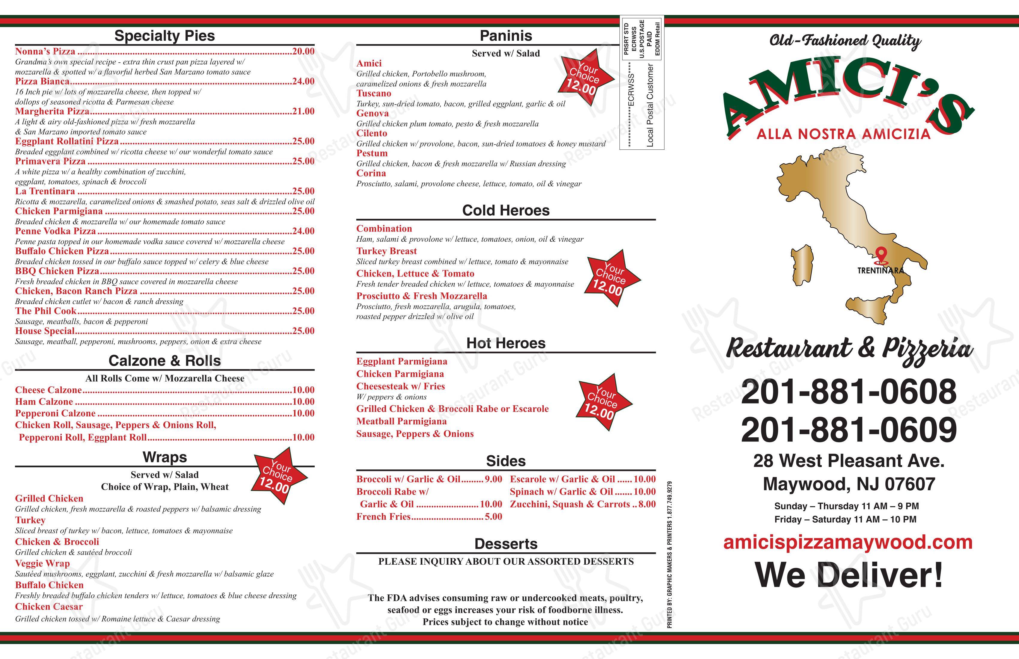 Menu at Amici's Restaurant, Maywood