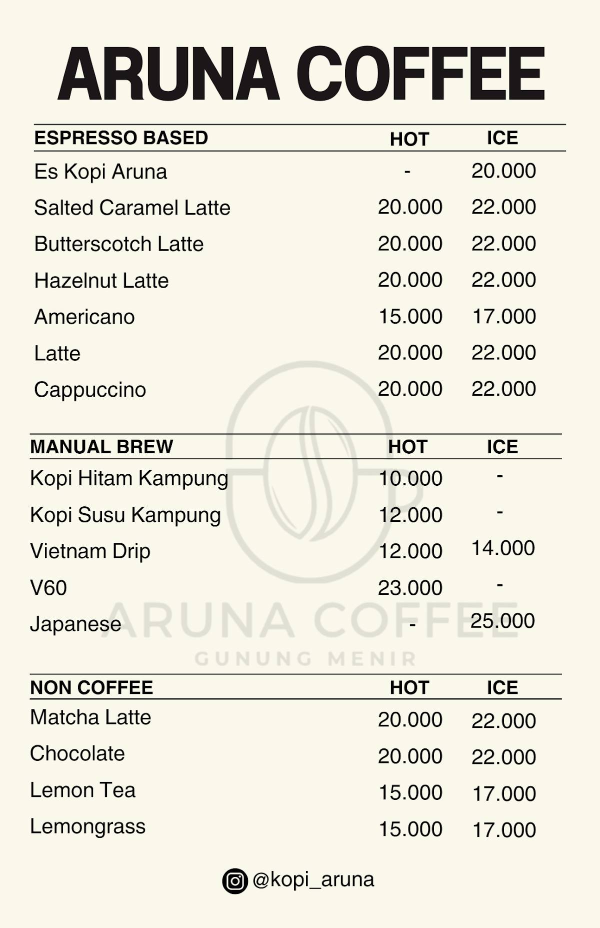 Menu at Aruna Coffee Gunung Menir, Indonesia