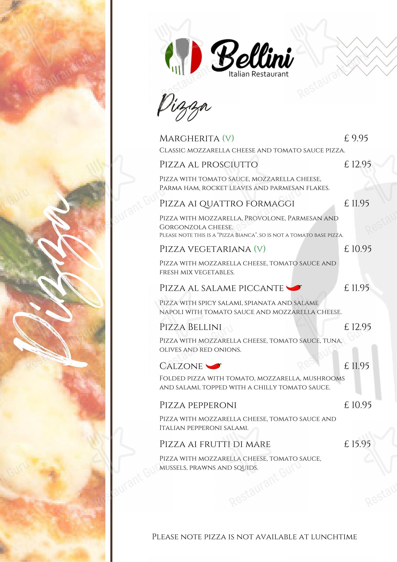 Menu at Bellini Italian restaurant, Mandurah