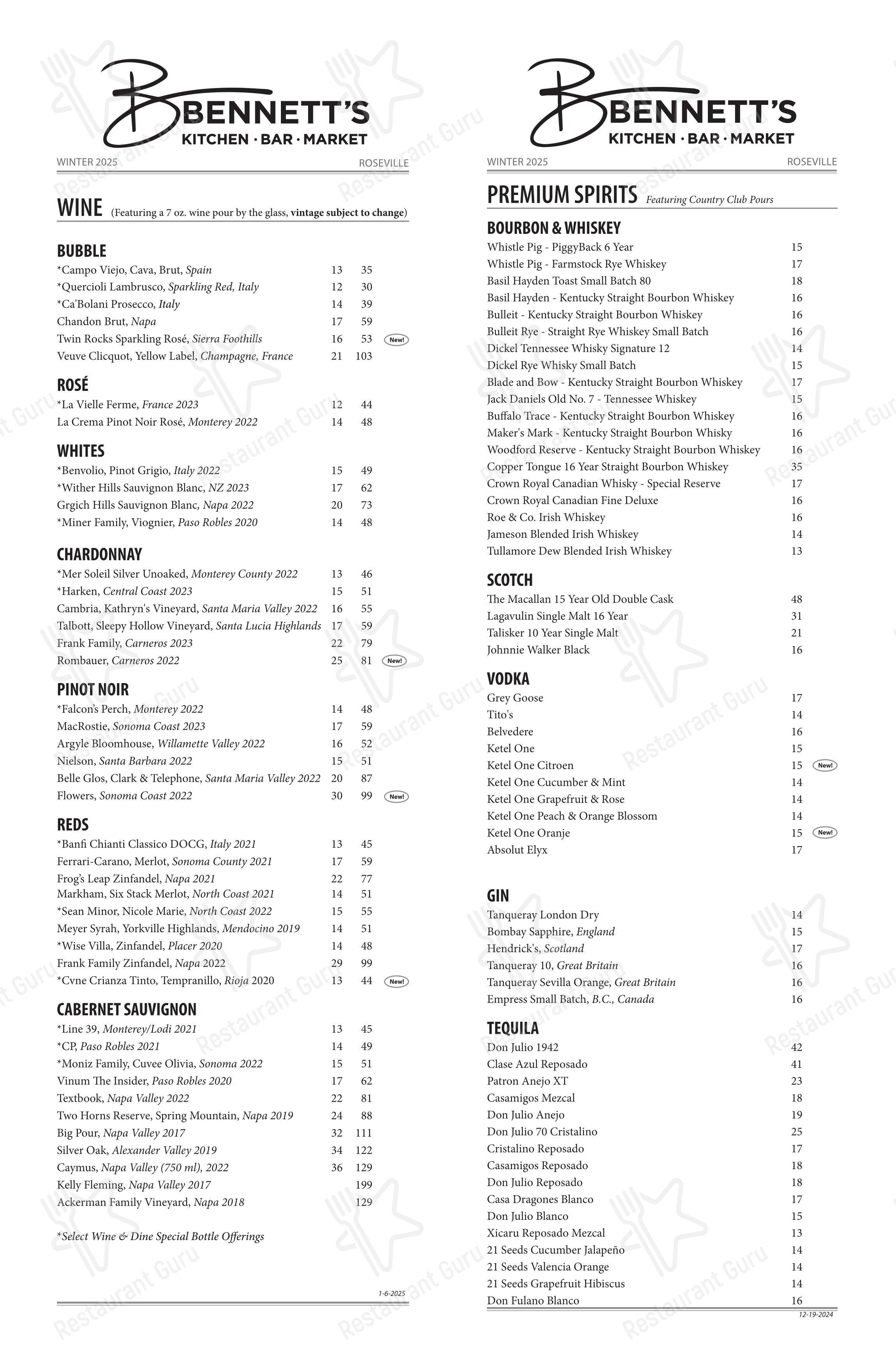 Menu at Bennett's Kitchen Bar Market, Roseville