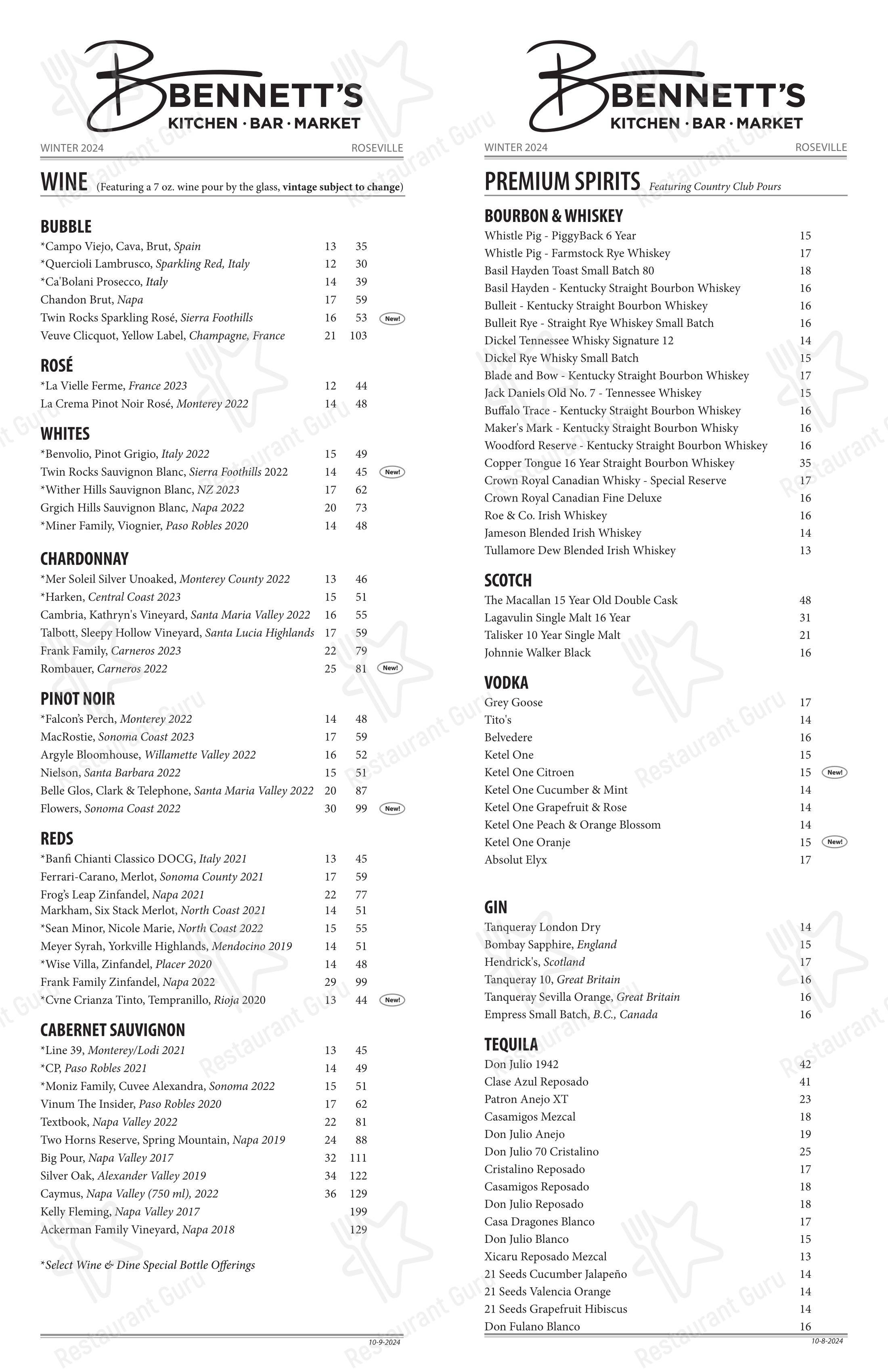 Menu at Bennett's Kitchen Bar Market, Roseville